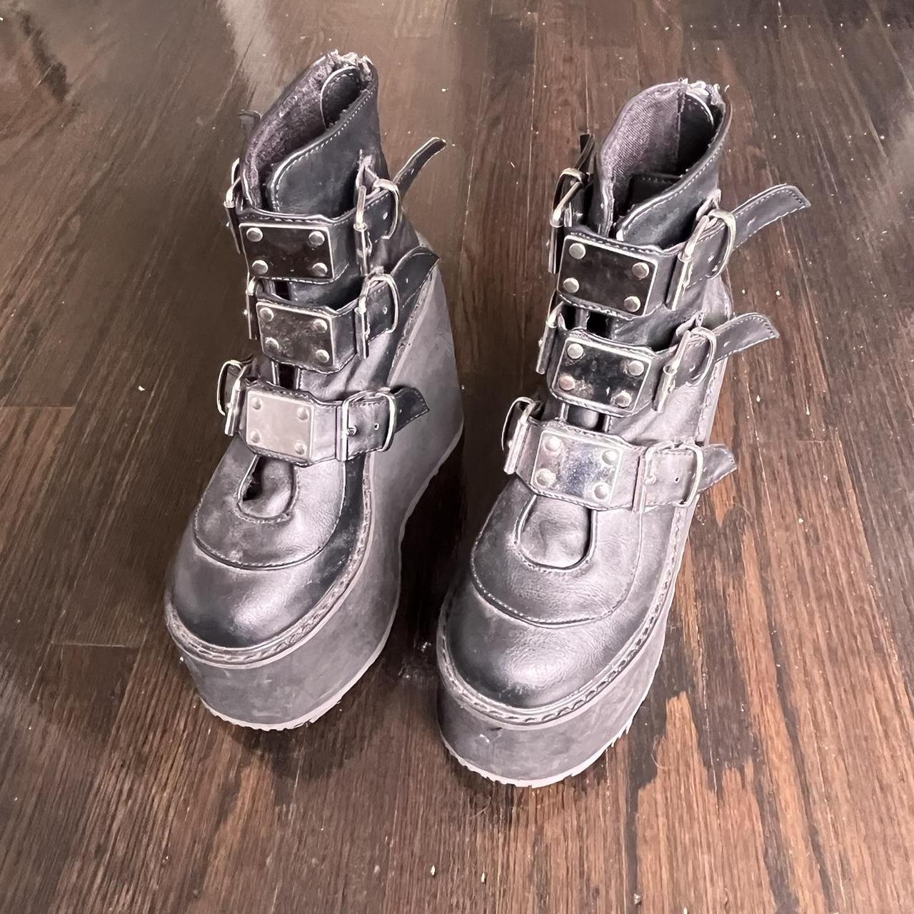 Demonia Women's Black and Silver Boots | Depop