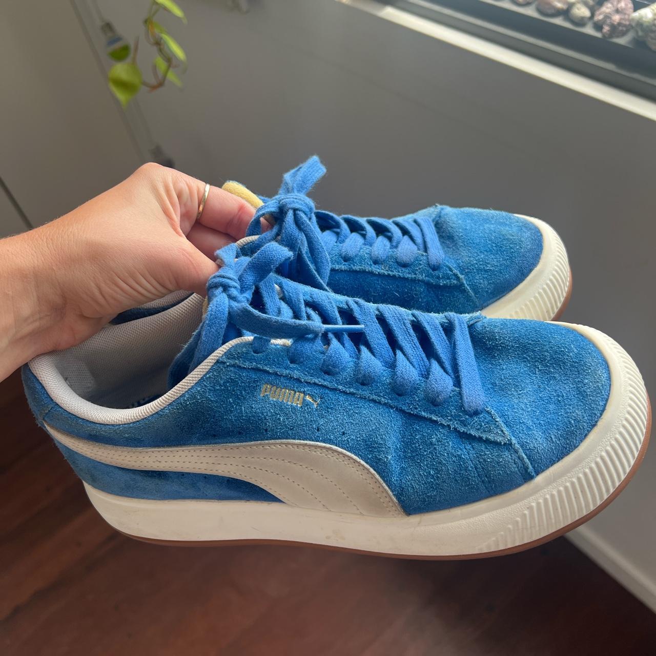Worn Puma blue suede sneakers. A bit of wear on the... - Depop