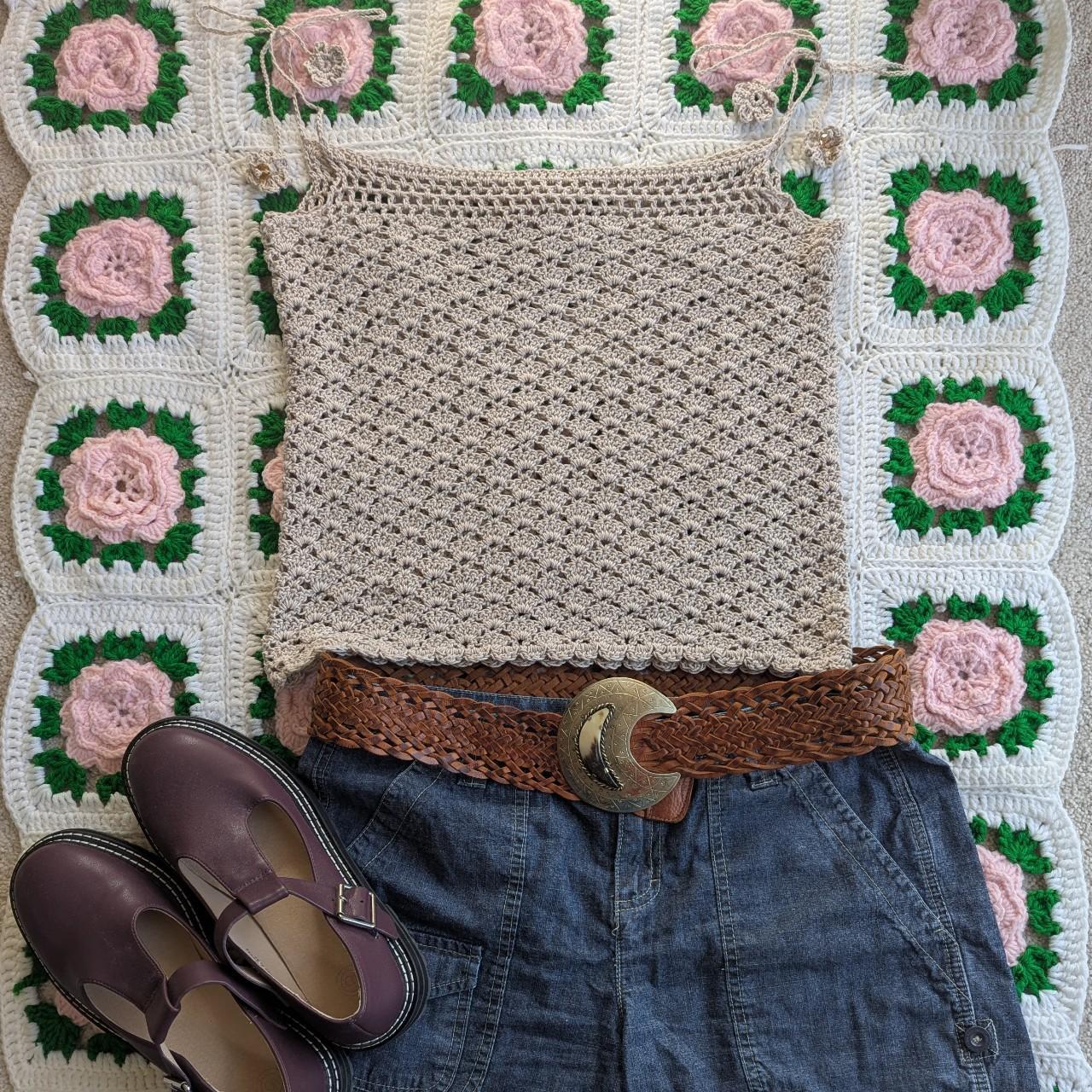 vintage handmade crochet frilly tie tank top! -... | Depop