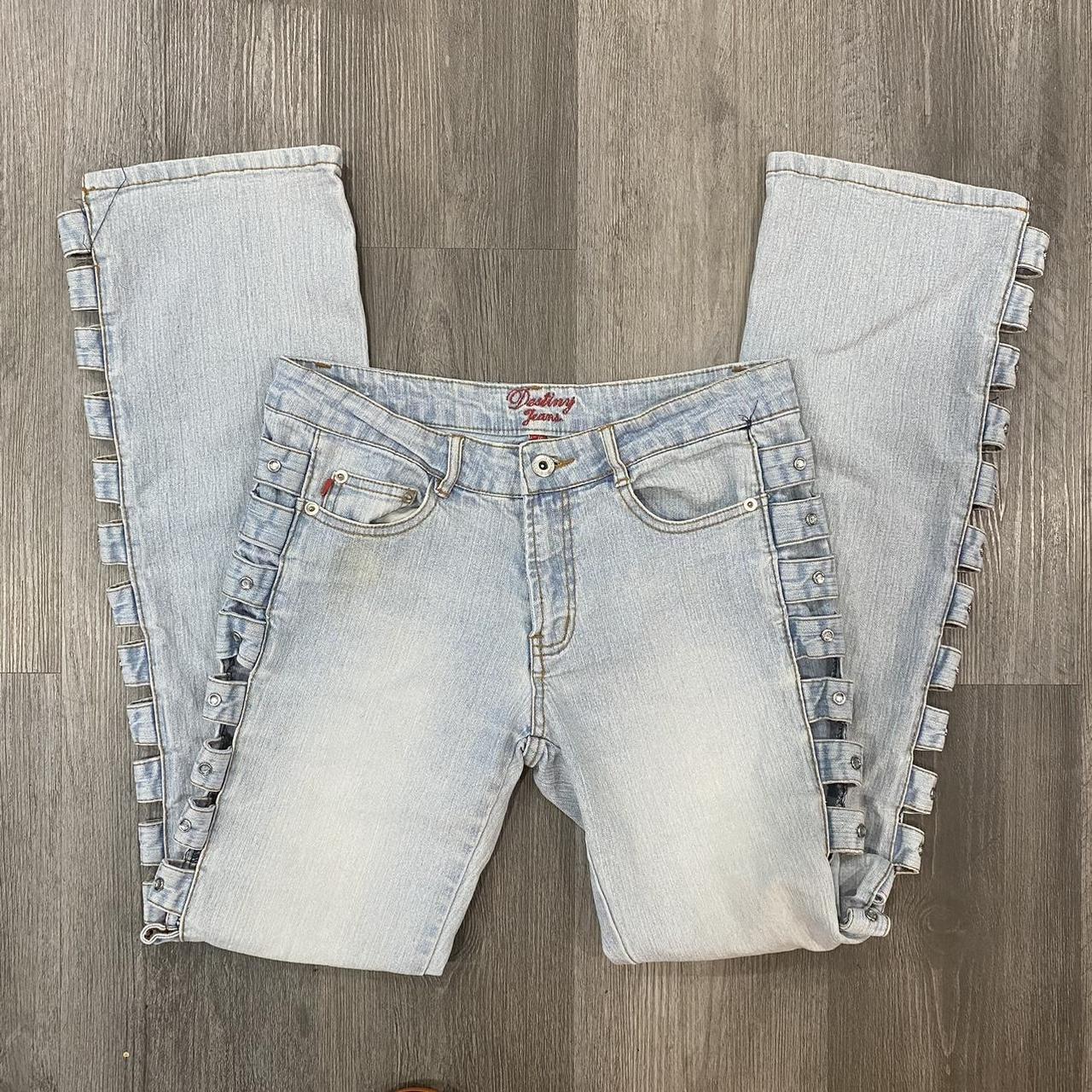 Destiny Jeans Light wash with studded cutouts along... - Depop