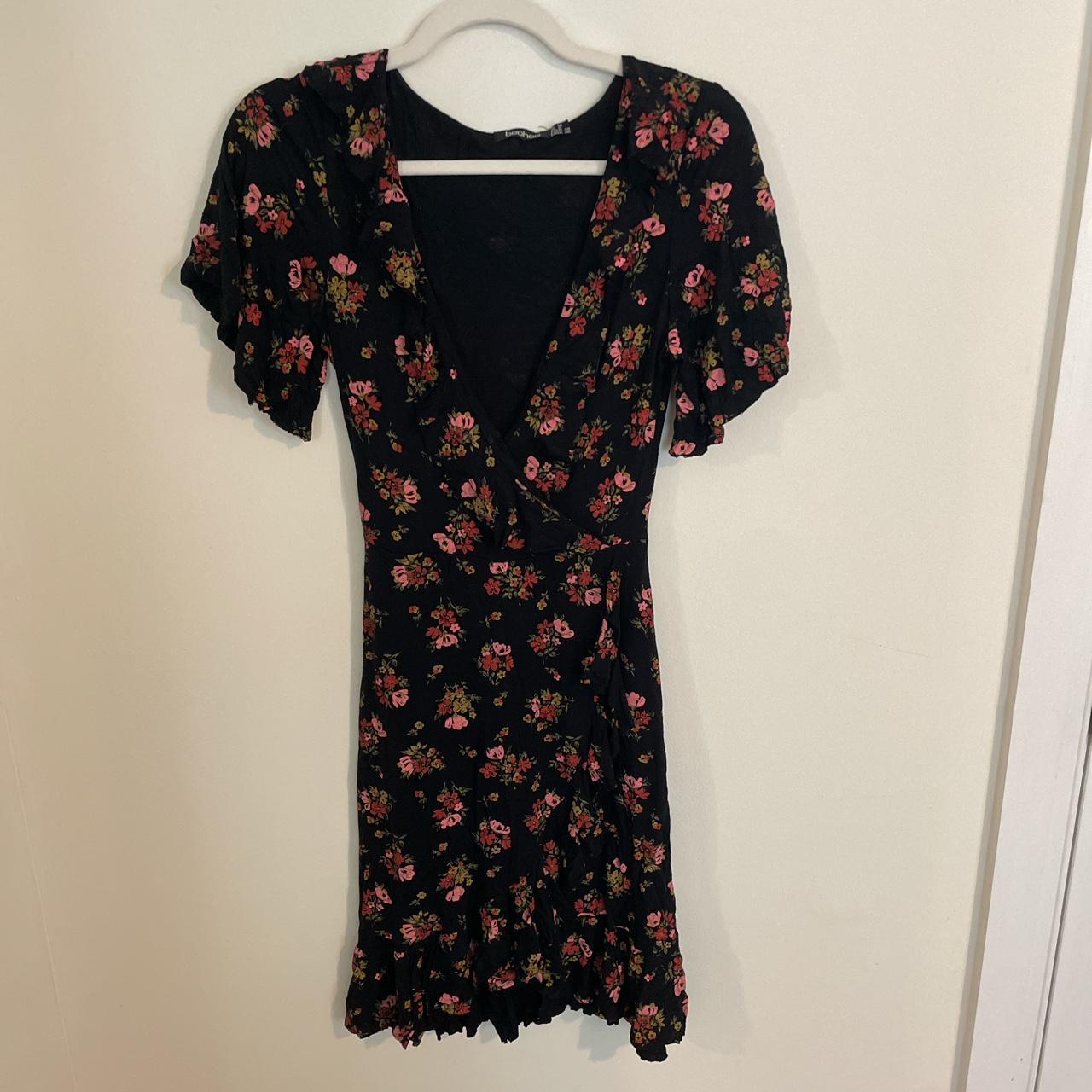 Boohoo Black Floral Ruffle Wrap Dress - Size US... - Depop