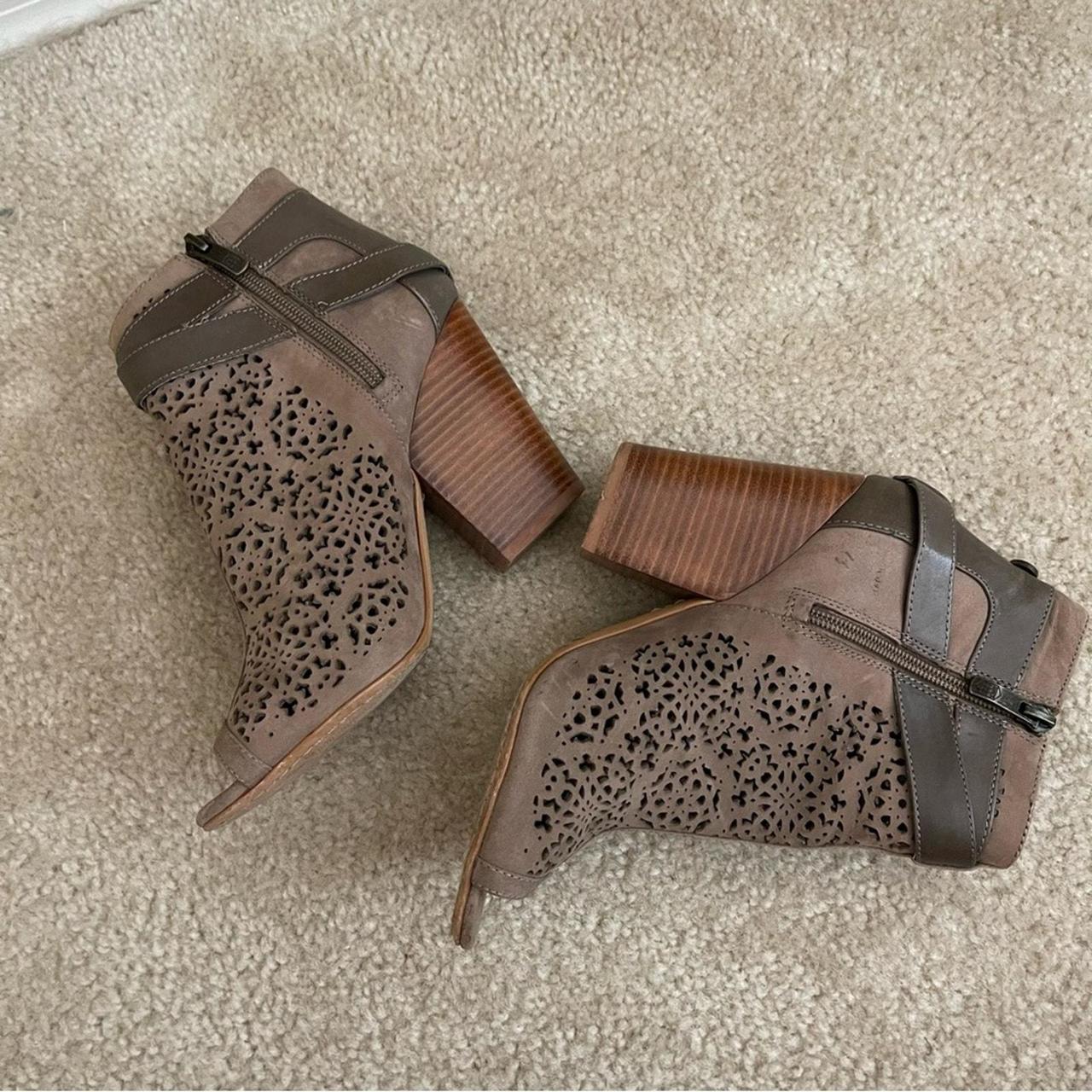 Brown peep toe booties Lace cut out design Buckle... | Depop
