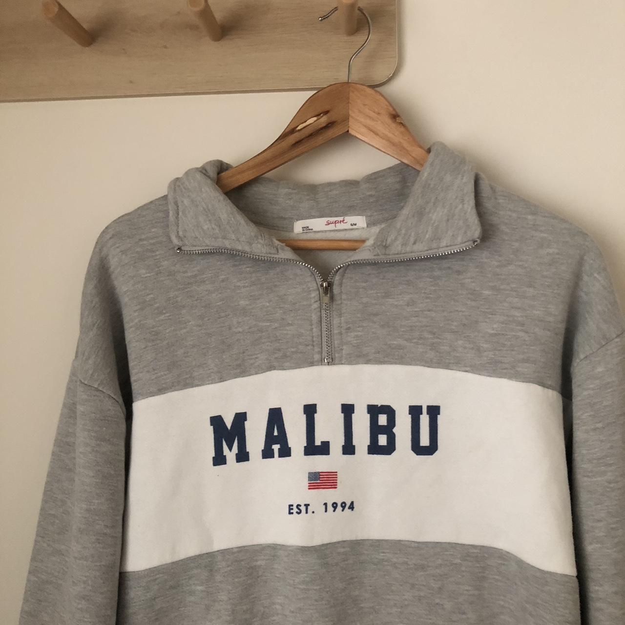 grey/white quarter zip jumper malibu, supre,... - Depop