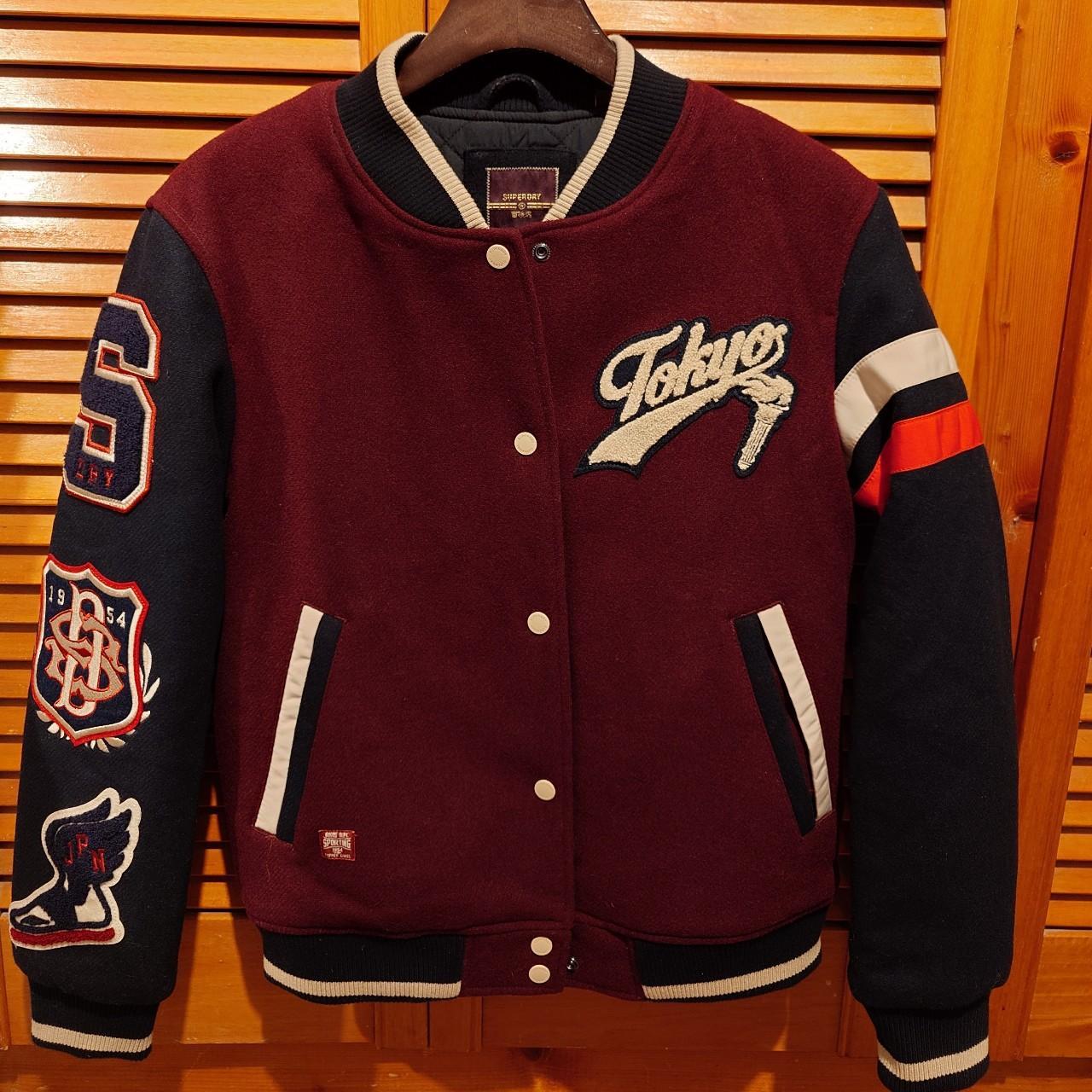 Superdry burgundy varsity baseball jacket with... - Depop