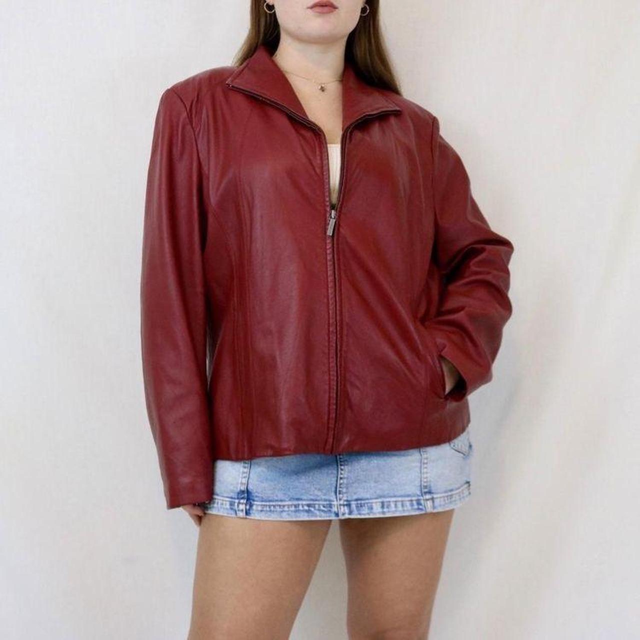 Vintage 90s red leather jacket repop from... - Depop