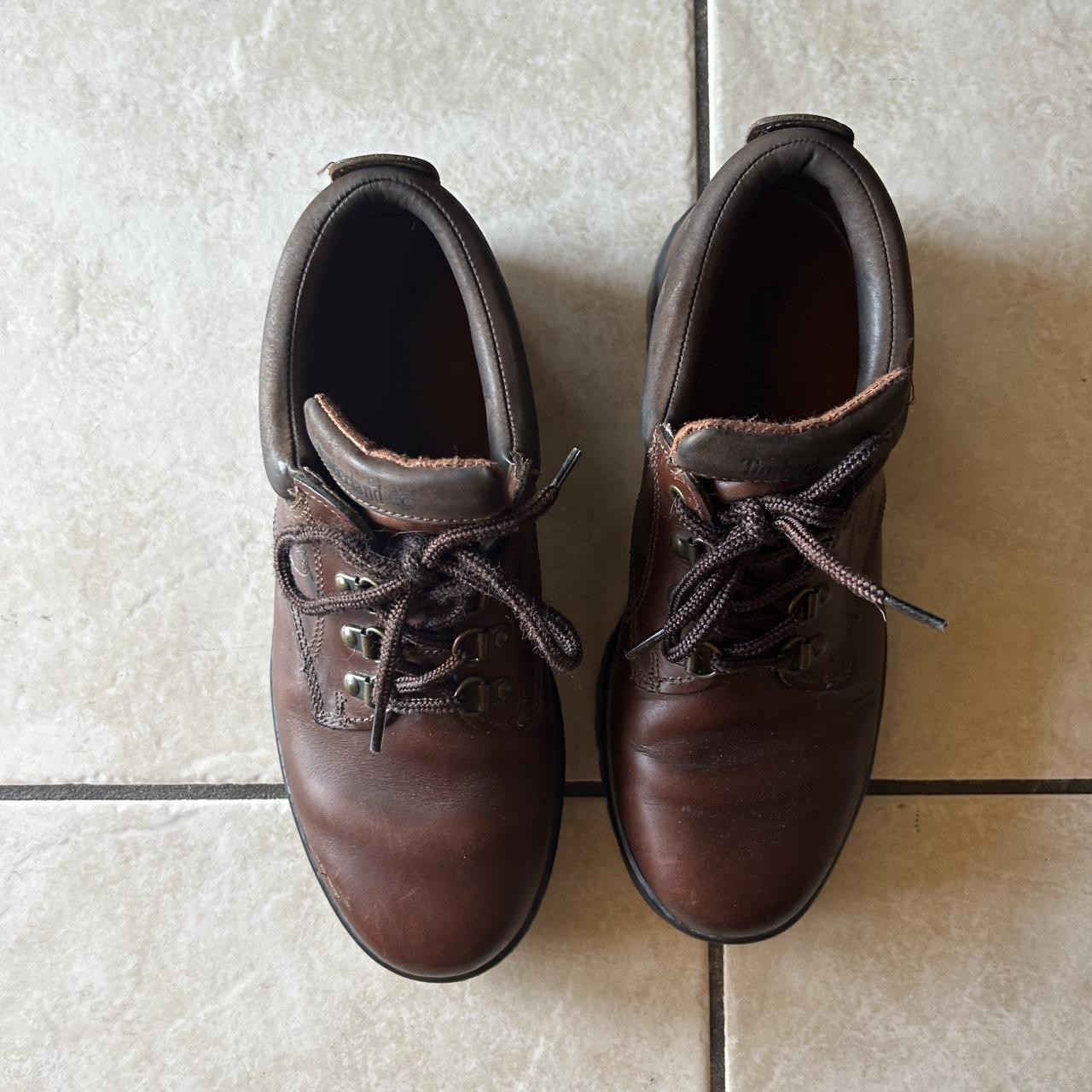 Brown leather timberland low cut boots. Brown laces... - Depop