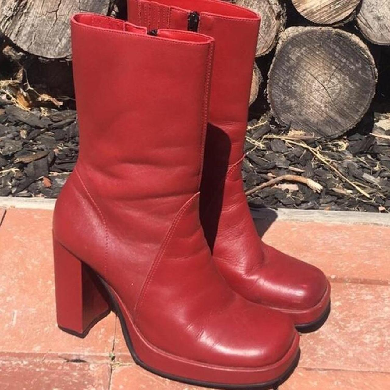 Square toe red heel boots. Very David Bowi Square... - Depop
