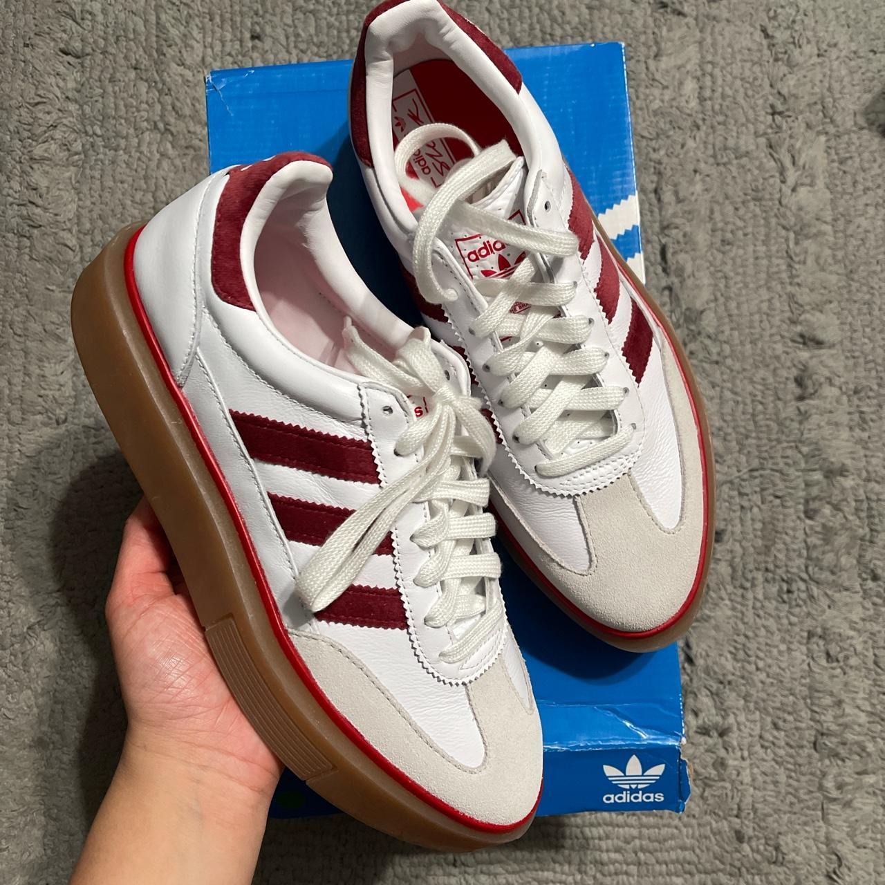Adidas Women's White and Burgundy Trainers | Depop