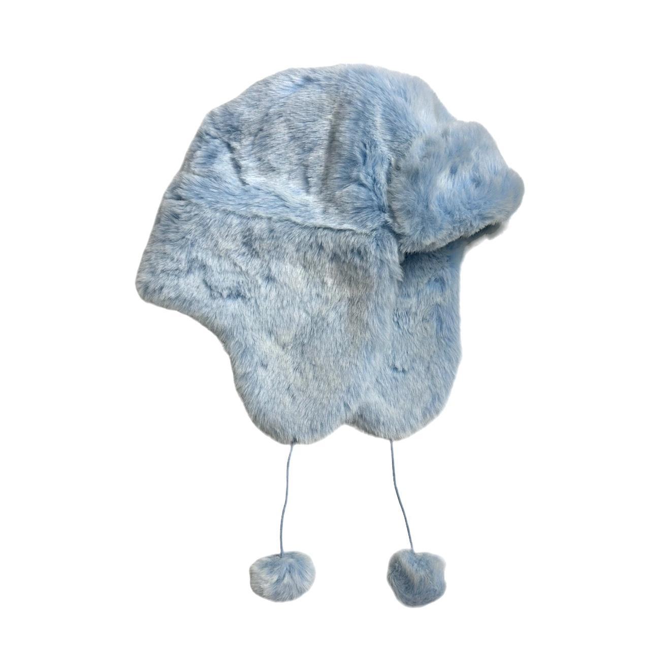 light blue fur trapper hat with pom poms fits... - Depop