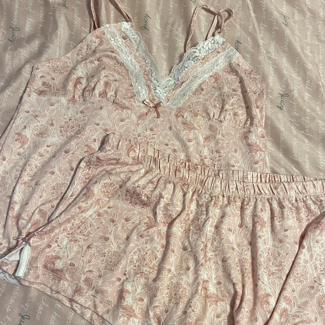 super cute lace floral pink bow matching pajama... - Depop