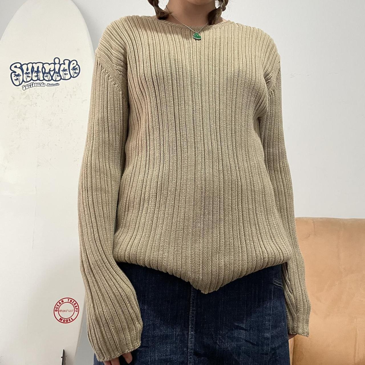 🌀 gorgeous tan knit sweater, featuring a striped... | Depop