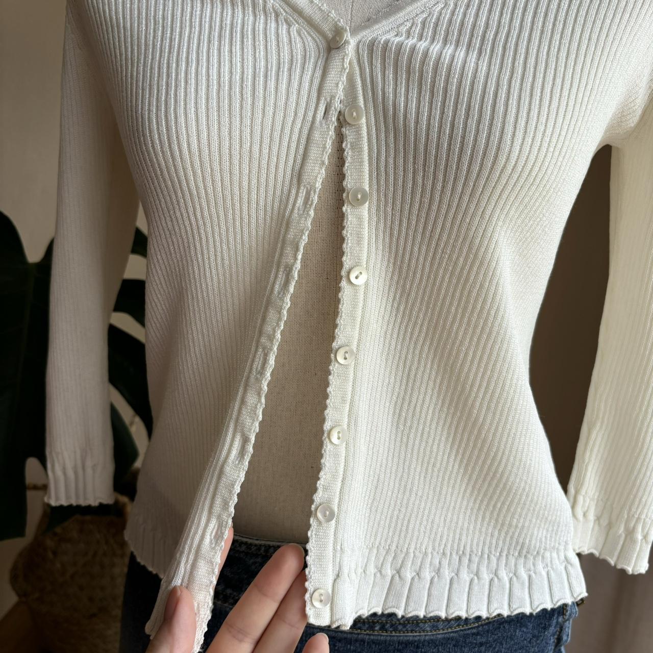 Cream and white ribbed cardigan with V-neck and... - Depop