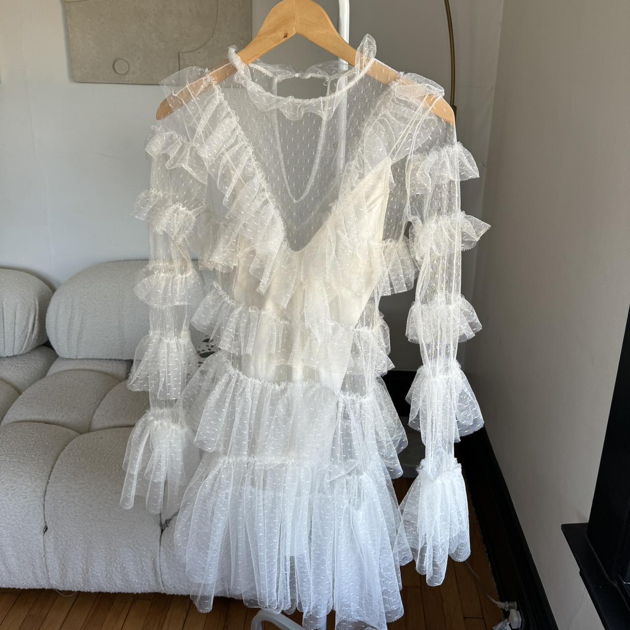 white ruffle mesh body con dress (the slip is open... - Depop