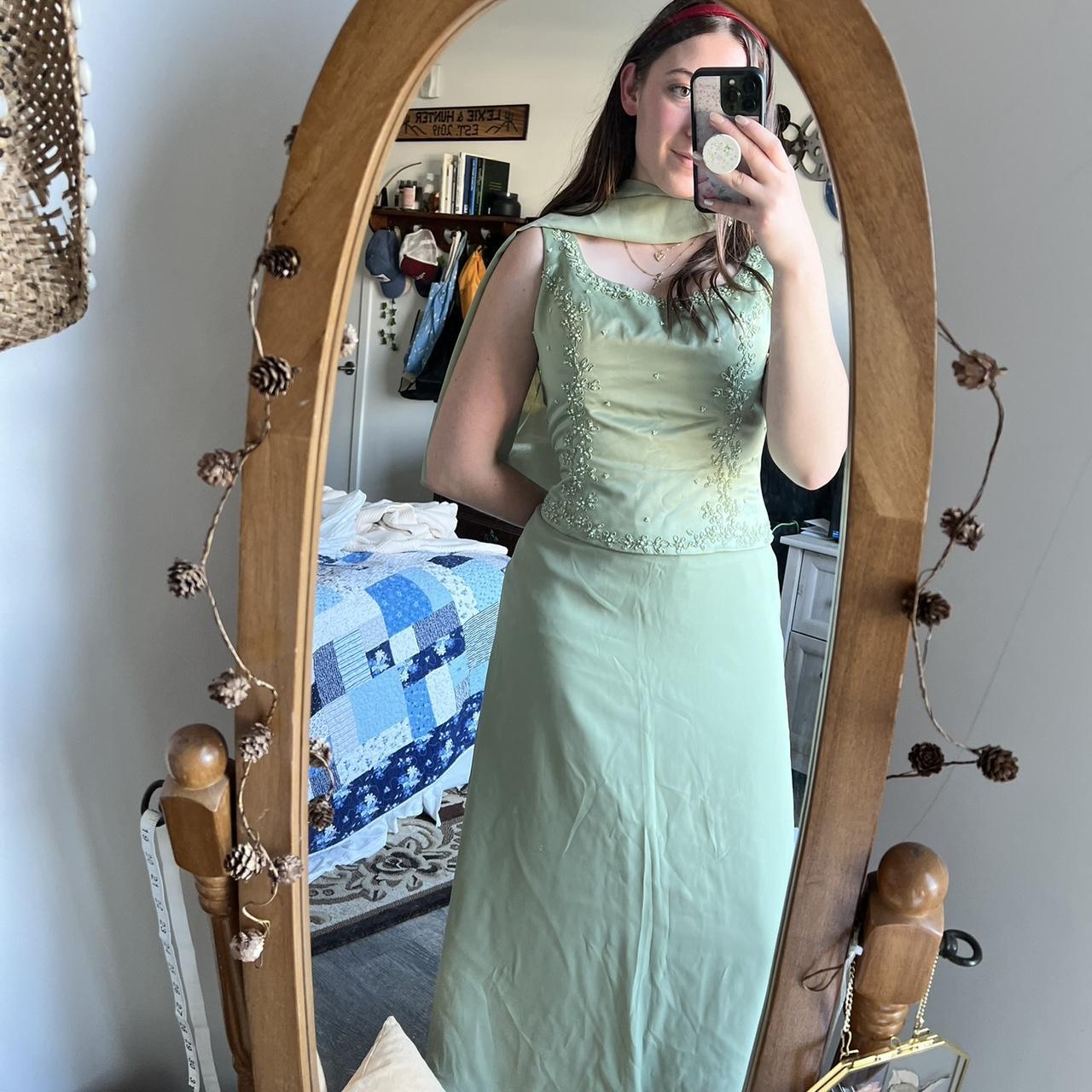 sage green beaded maxi dress with matching bolero -... | Depop