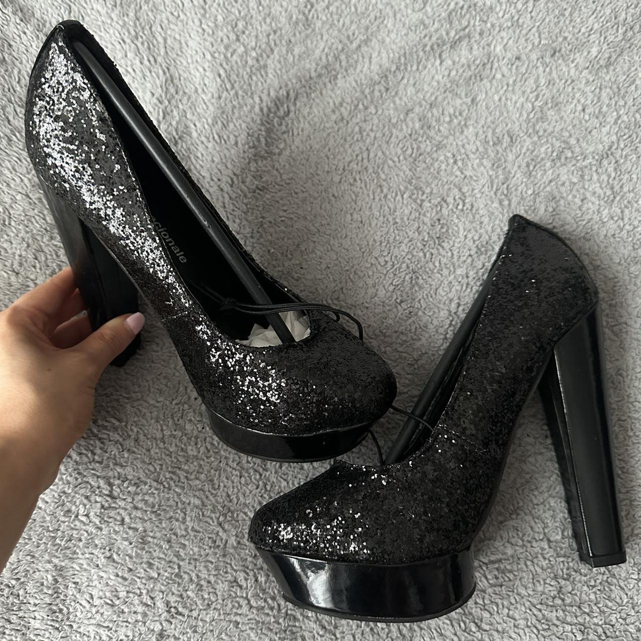 Black glitter platform heels. 5 inch heel, 1 inch... - Depop