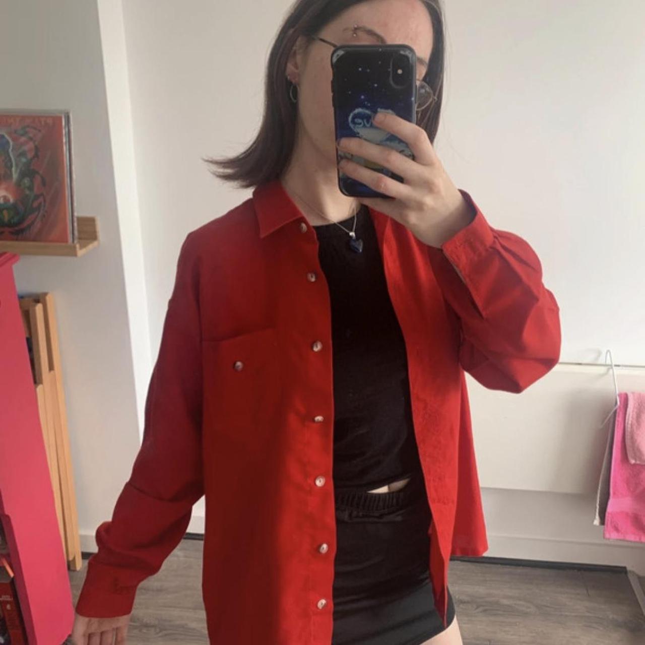 BRIGHT RED BUTTON-UP SHIRT GORGEOUS VINTAGE, GREAT... - Depop