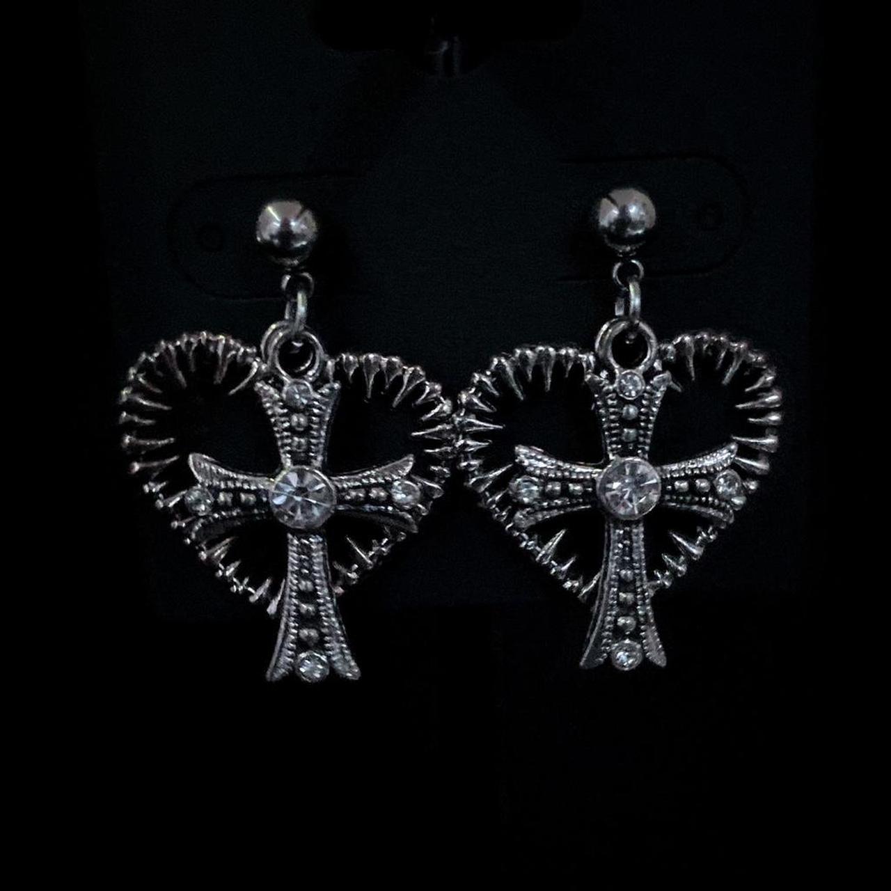 spiked heart and faux rhinestone gothic cross post... - Depop