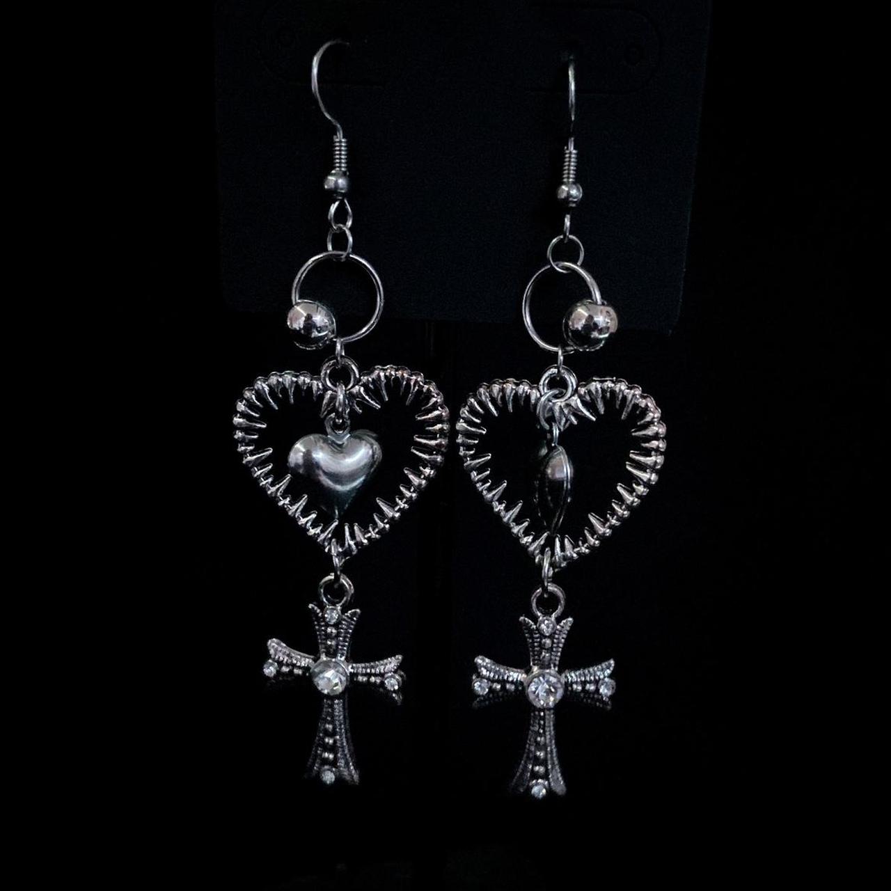 rhinestone gothic cross, puffy and spiked hearts and... - Depop