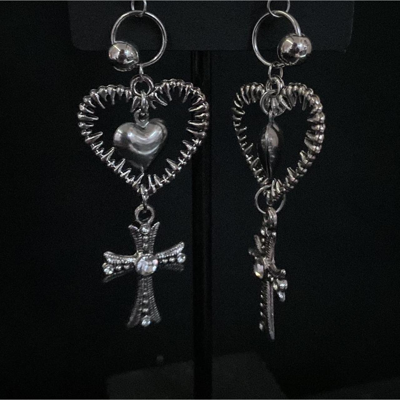 rhinestone gothic cross, puffy and spiked hearts and... - Depop