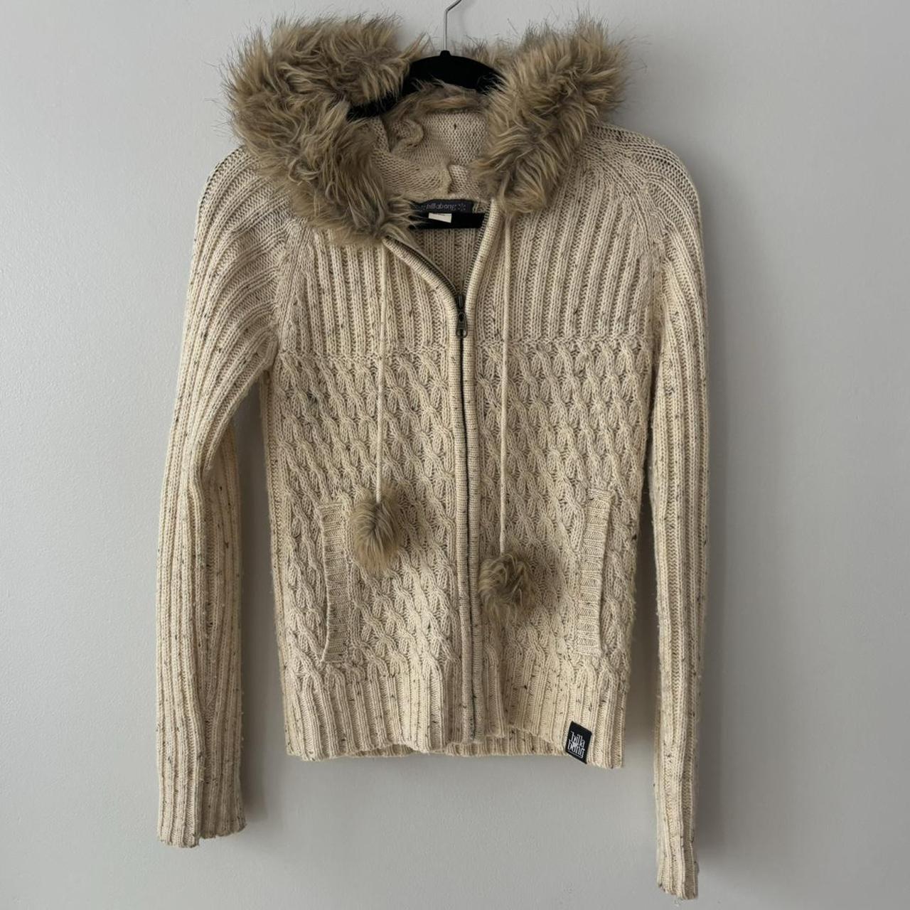 y2k Knit Faux Fur Zip Up Sweater with Pom poms... - Depop