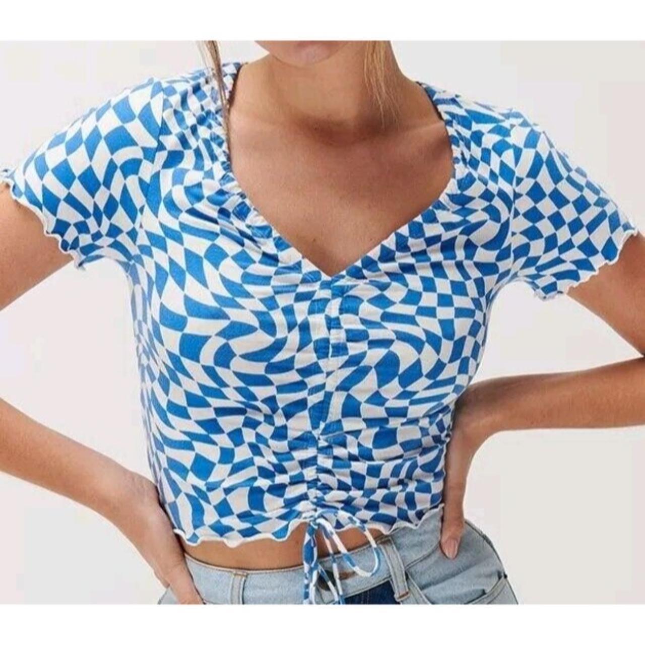 Ghanda Gwen Top in Blue Warped Check - Size XS - New... - Depop