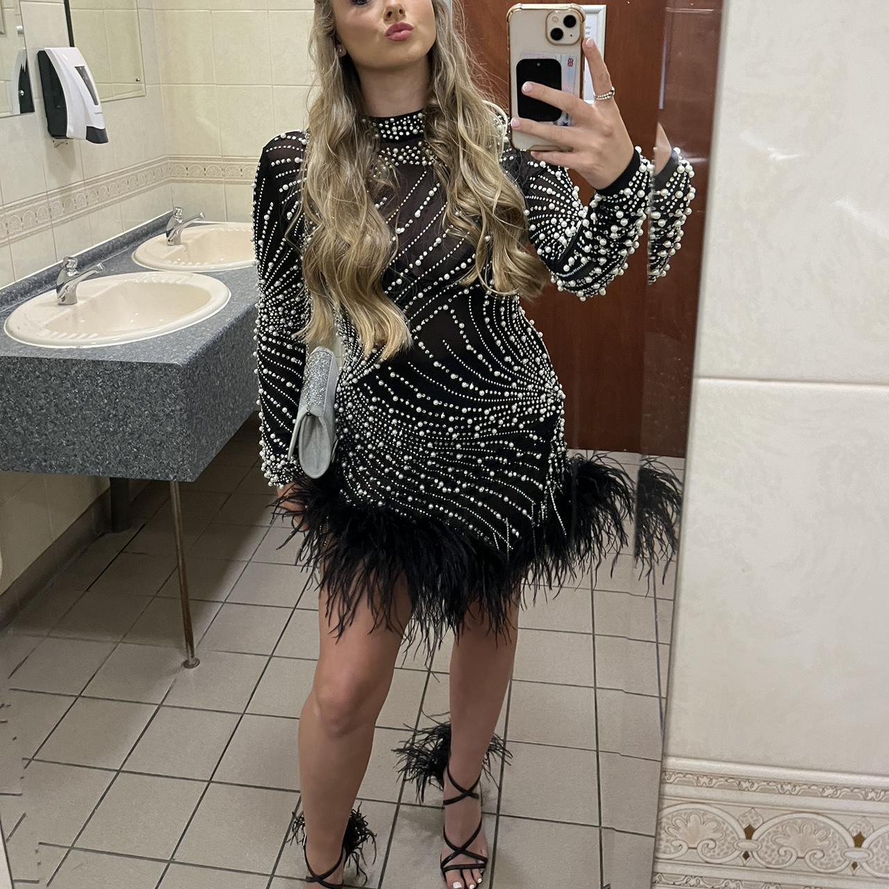 House of maguie black embellished feather dress... - Depop