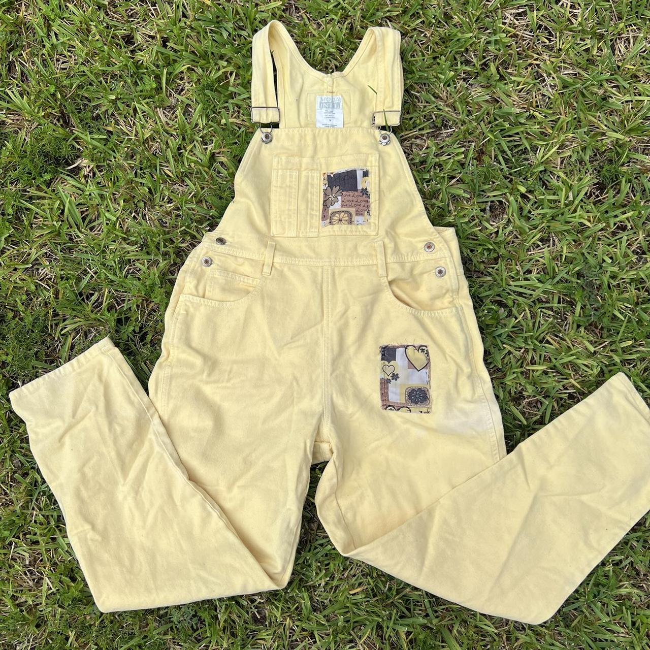 beautiful upcycled yellow overalls london jeans... - Depop