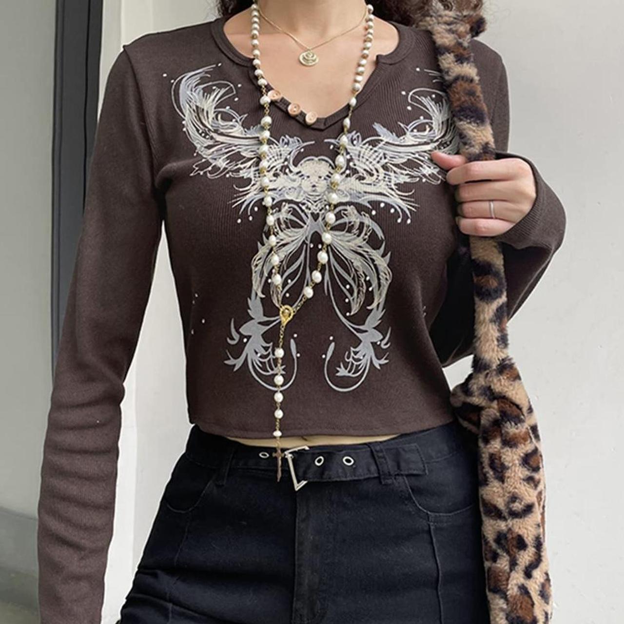 Brown y2k rhinestone full sleeve top Never worn... - Depop