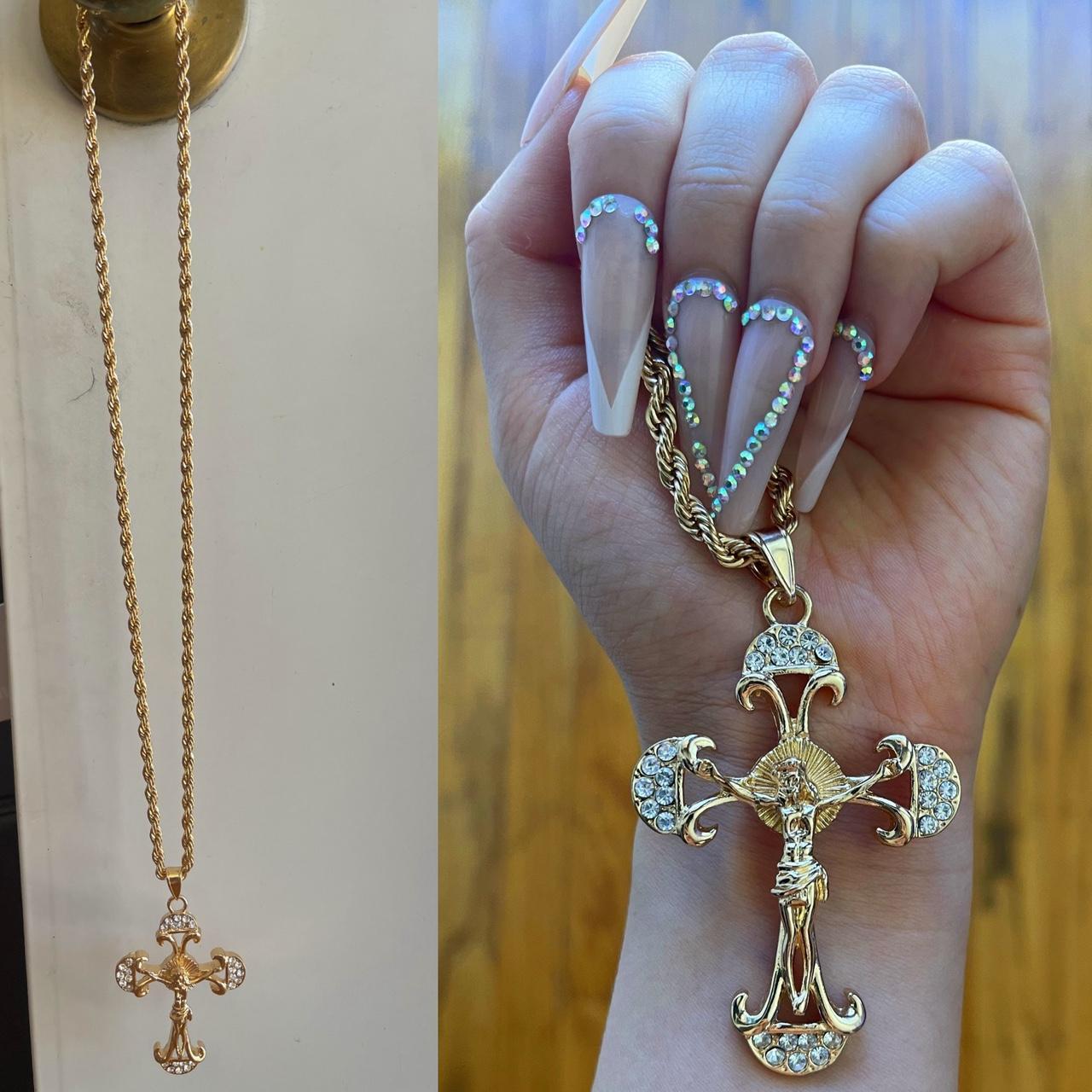 🆕📿 Rhinestone Crucifex Faux Gold Chain Necklace ️... - Depop