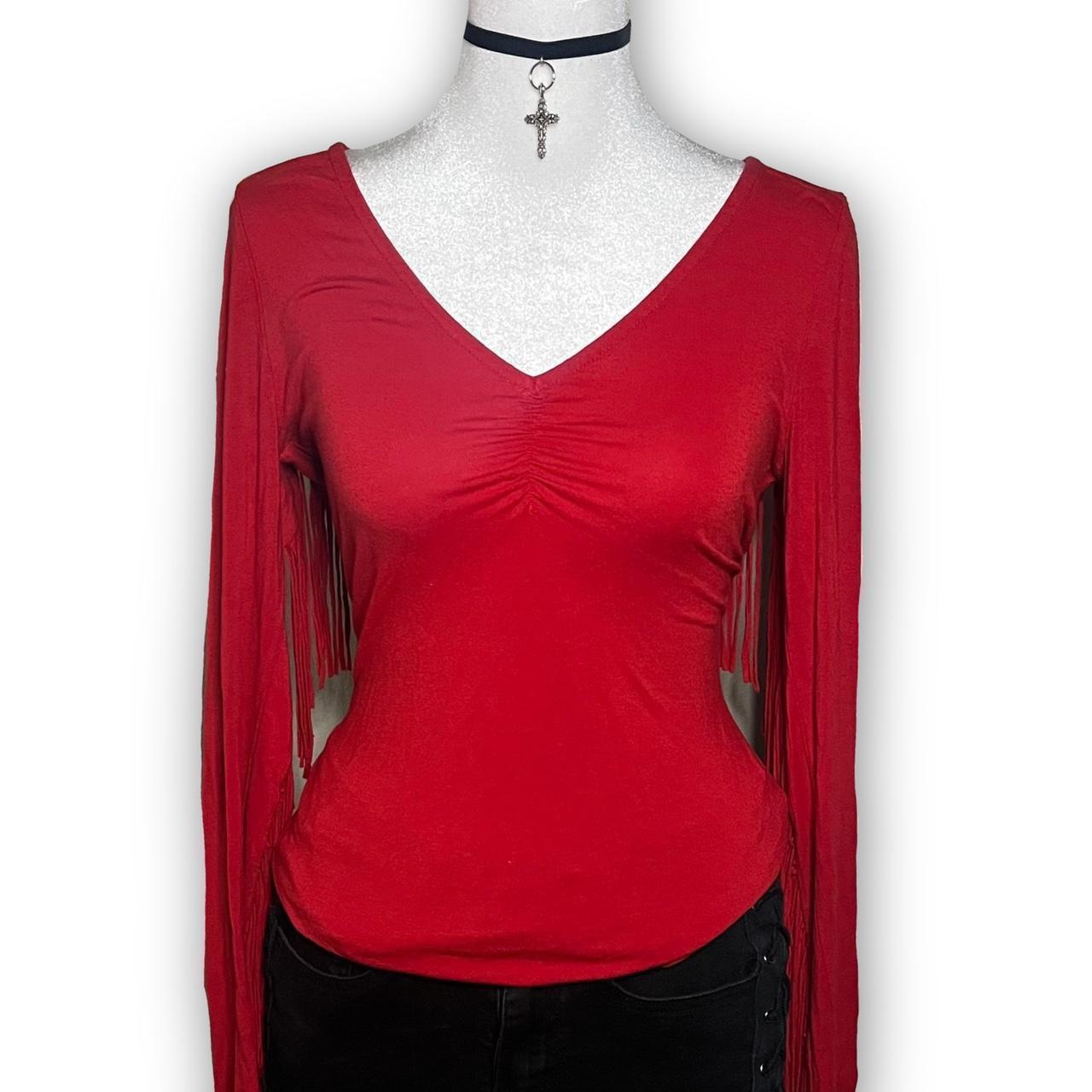 Red long sleeve top with fringe detailing This... | Depop