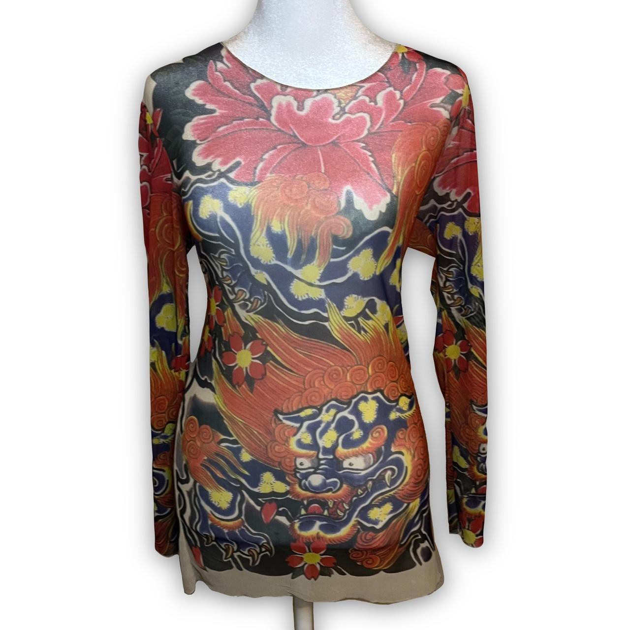 Y2K tattoo mesh dragon top This piece is so cool!... - Depop