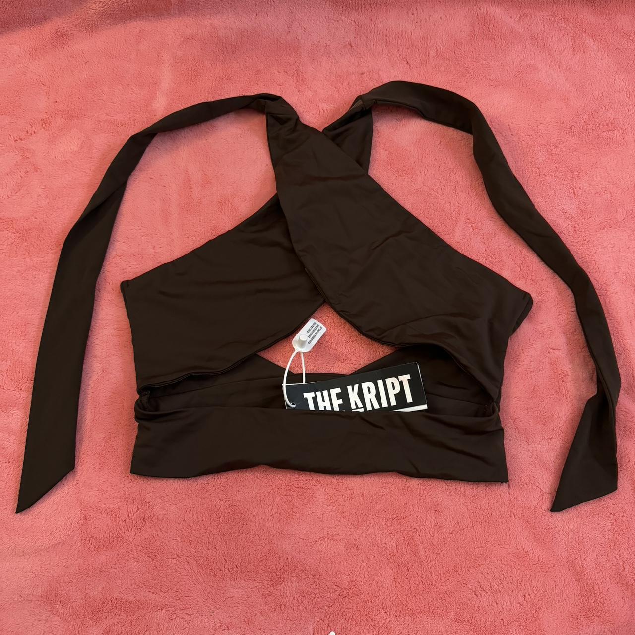 The Kript brown cross tie mini crop top. Never worn... - Depop
