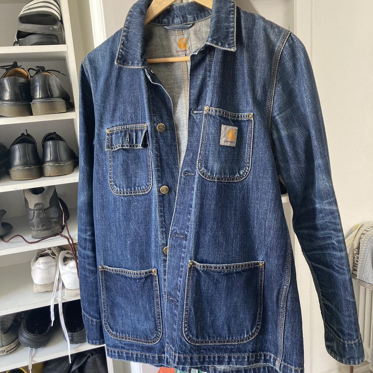 Carhartt navy blue denim jacket with a worn... - Depop