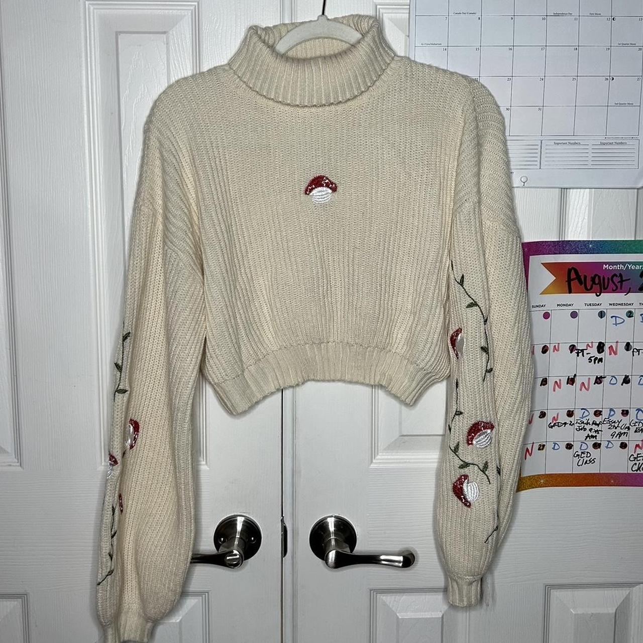 Romwe medium turtle neck crop top mushroom sweater... - Depop