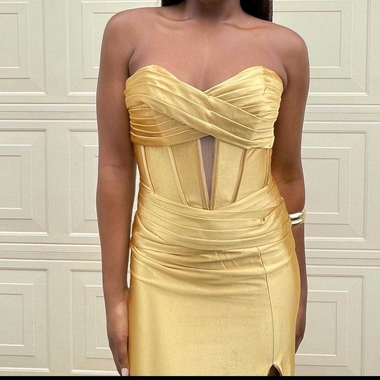 Zapaka- Strapless gold prom dress w slit - Depop