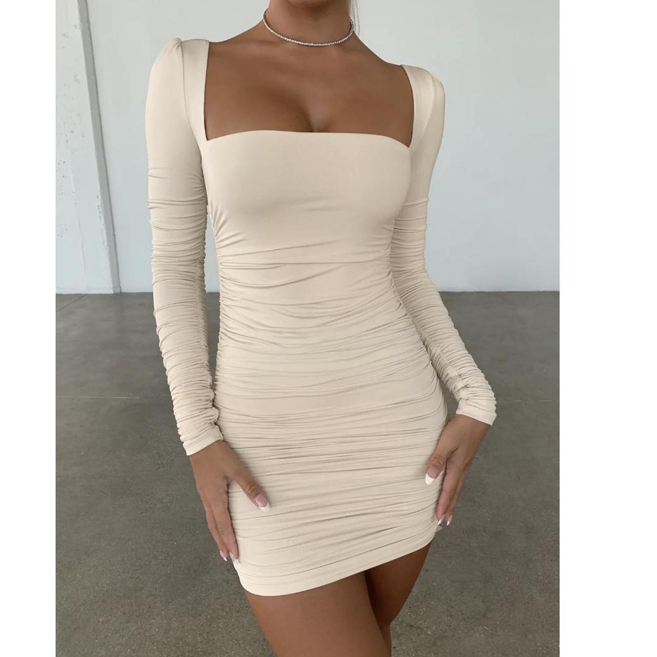 Oh Polly Long Sleeve ruched mini dress in creme... - Depop
