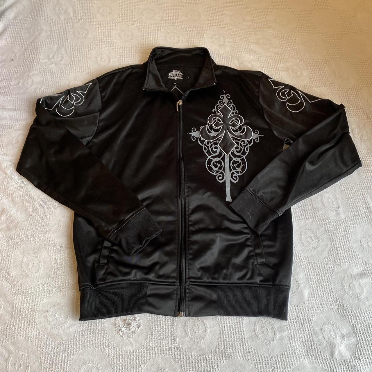 Size M Montero black zip up jacket with grey designs... - Depop