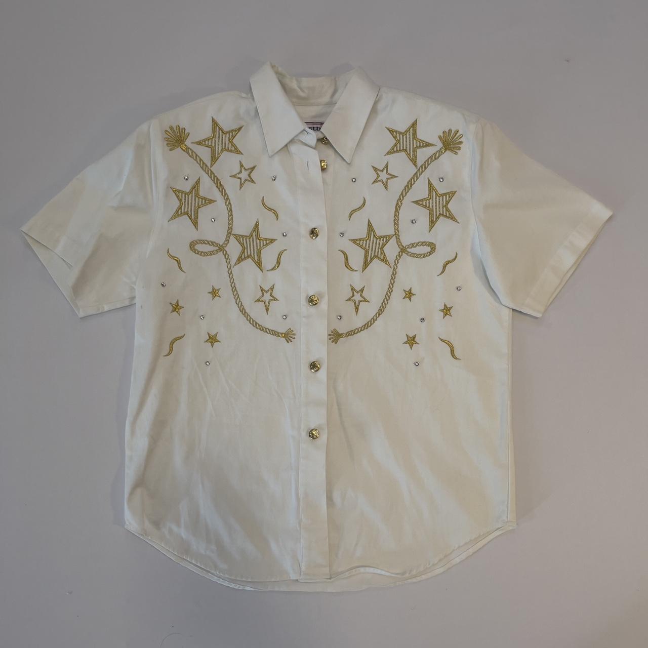 White cowboy shirt with gold embroidery and pearl... - Depop