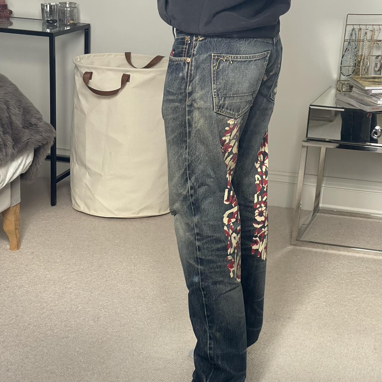 sick evisu writing/script jeans love but never... - Depop