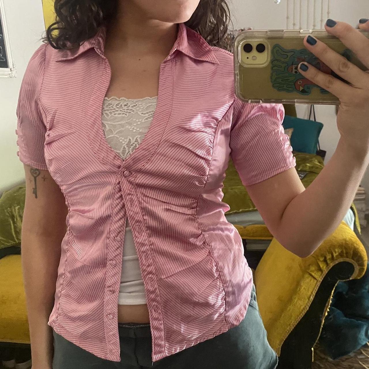Pink Stripped Button Up Runch Top No size but it... - Depop