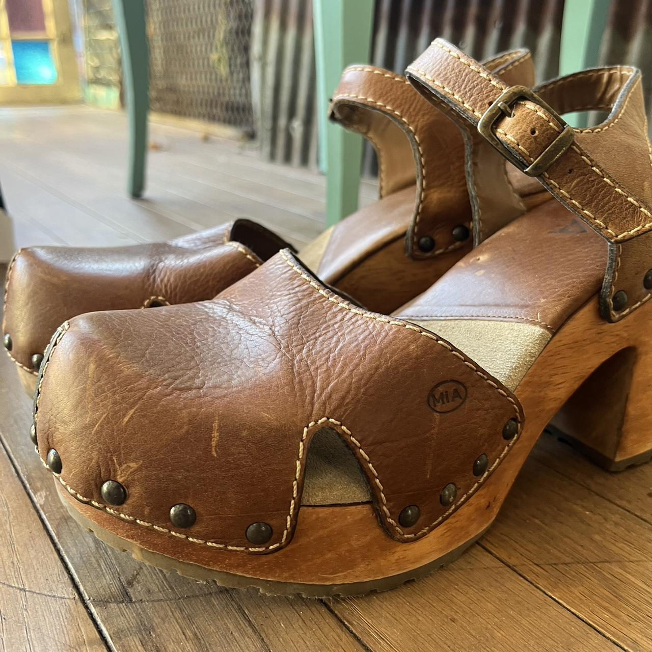 Vintage 1990s late 90s Mia chunky wooden clogs 70s... - Depop