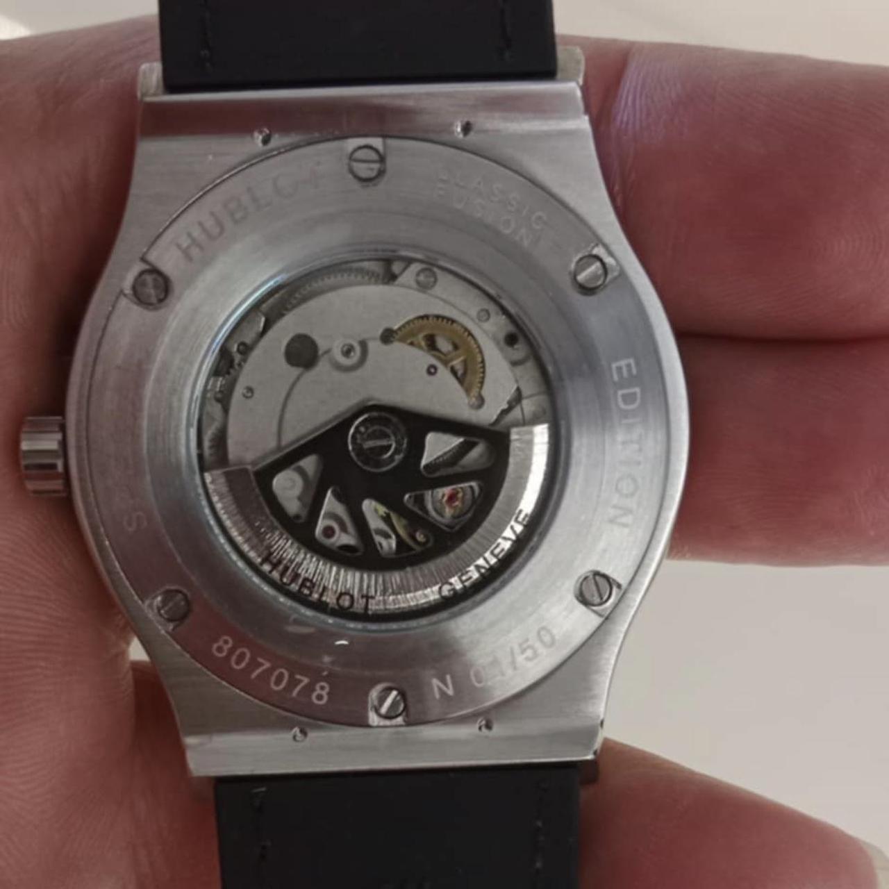 Hublot Silver Automatic black leather watch strap... | Depop