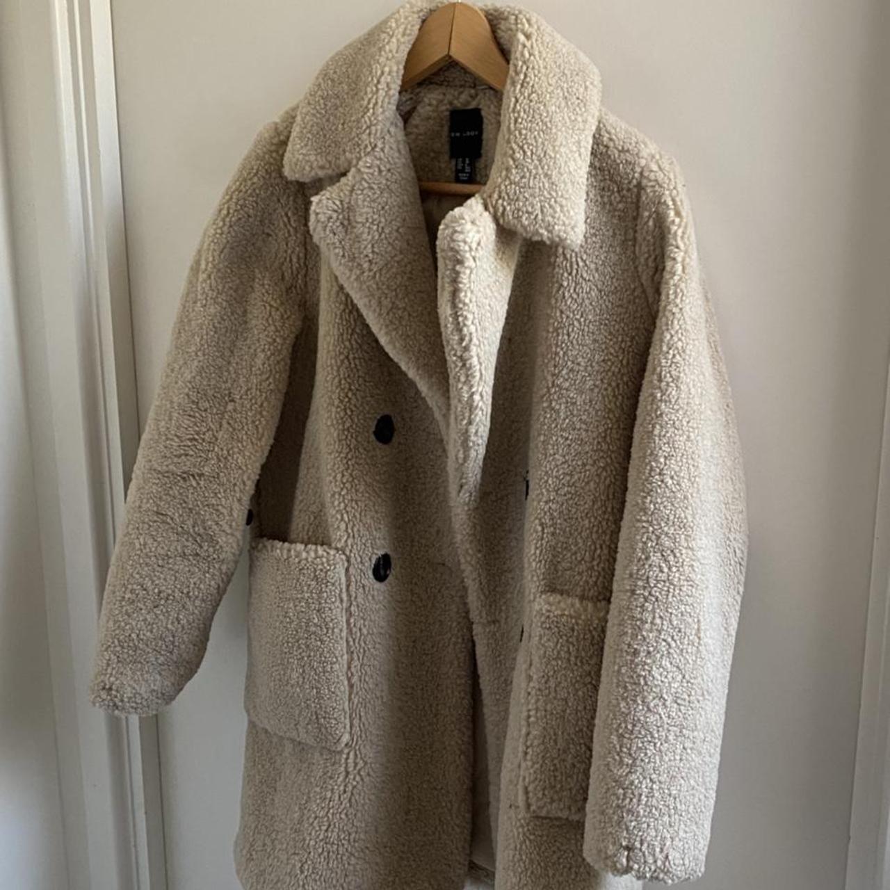 Cream new look teddy coat Size 10 Worn a few time... - Depop