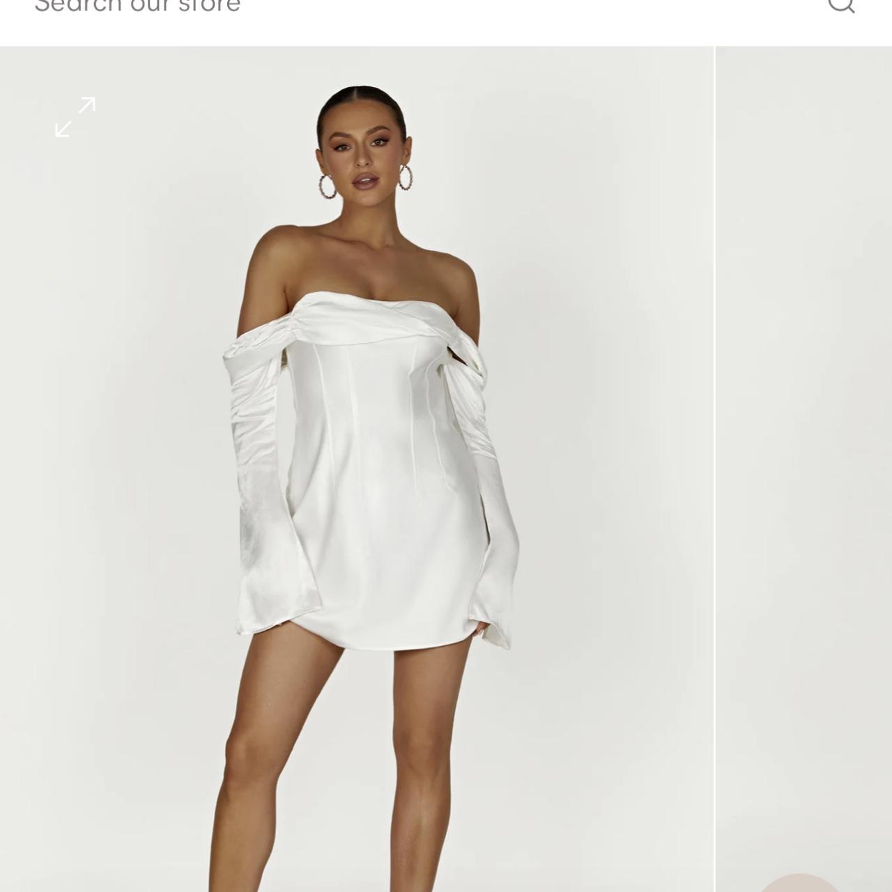 White Meshki off the shoulder dress - size small... - Depop