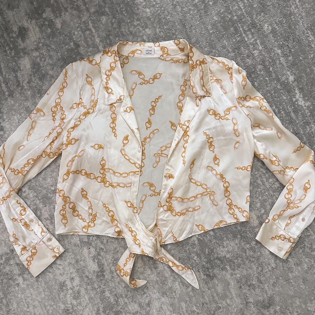 aritzia chain pattern satin tie blouse, perfect for... - Depop