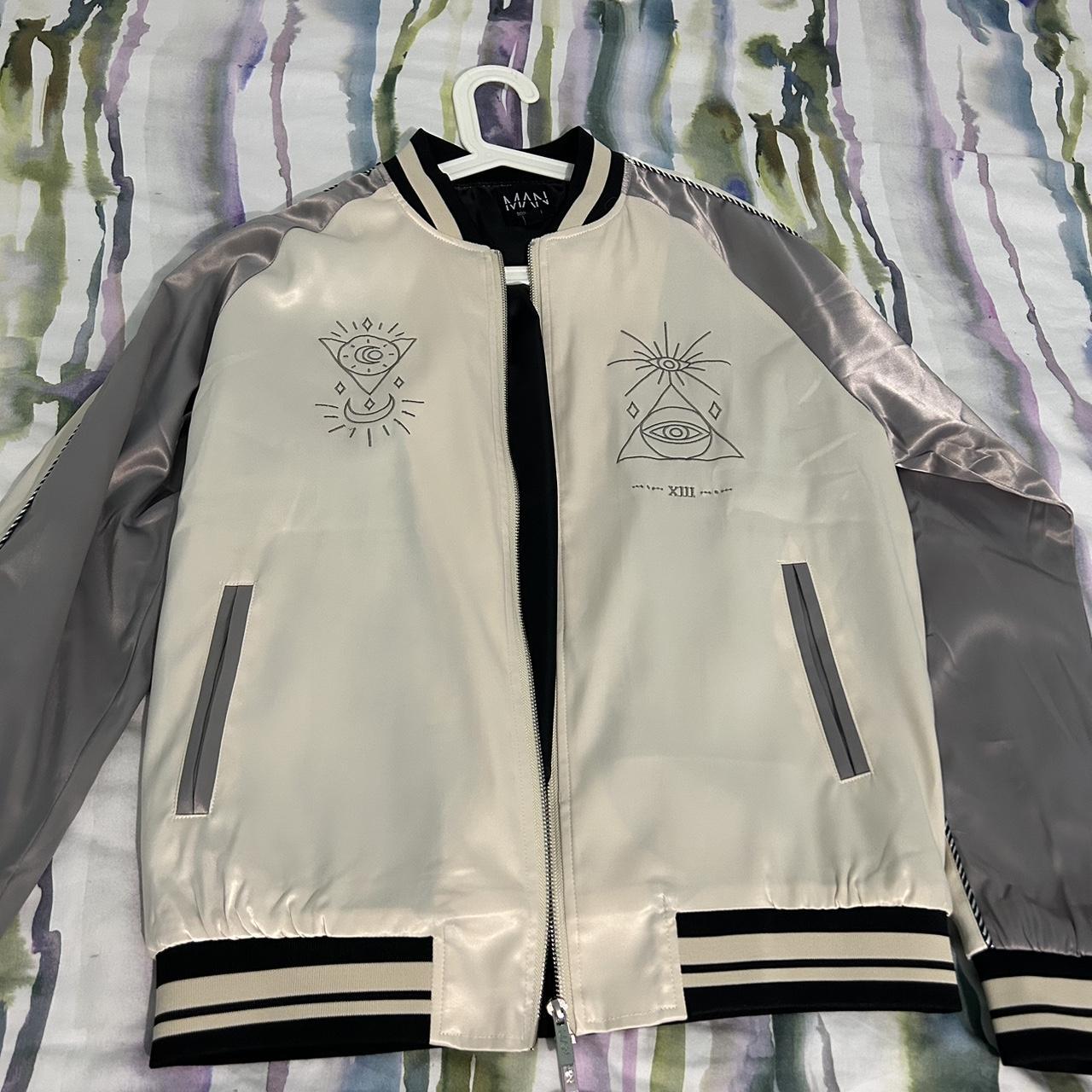 Boohoo Man Cream/Grey Bomber Design... - Depop