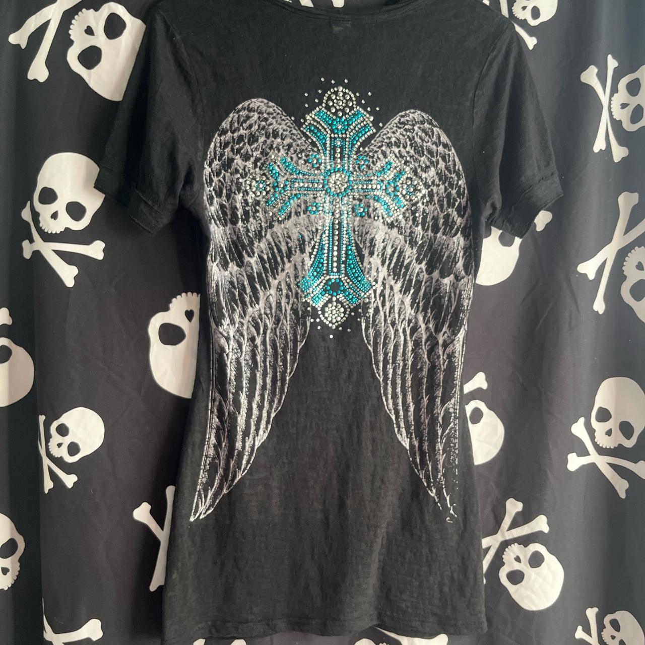 Y2k rhinestone hooded t shirt Size large Affliction... - Depop