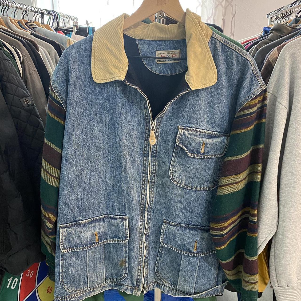 Zip up jean jacket with colorful... - Depop