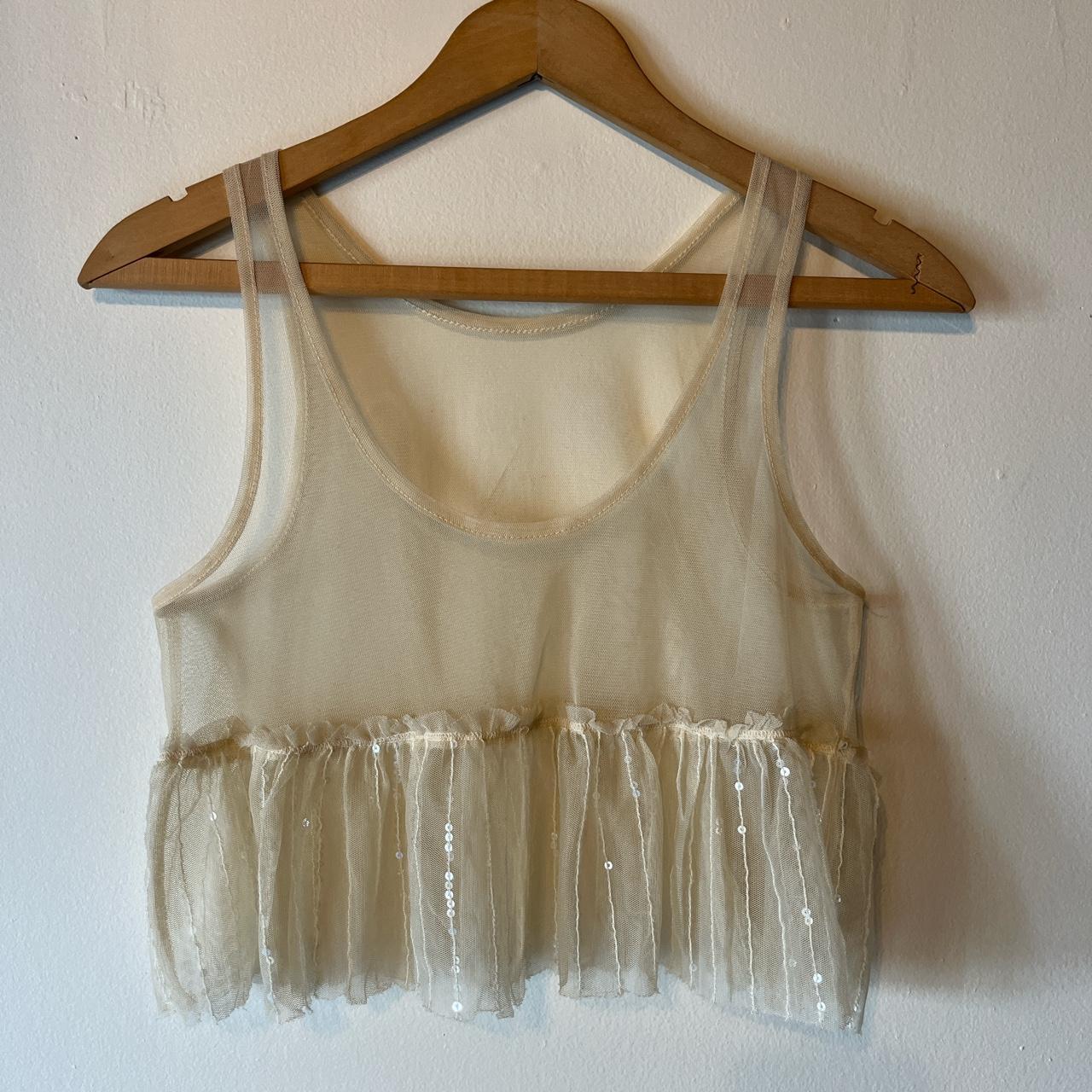 Cream mesh crop tank with ruffles and sequins. Super... - Depop