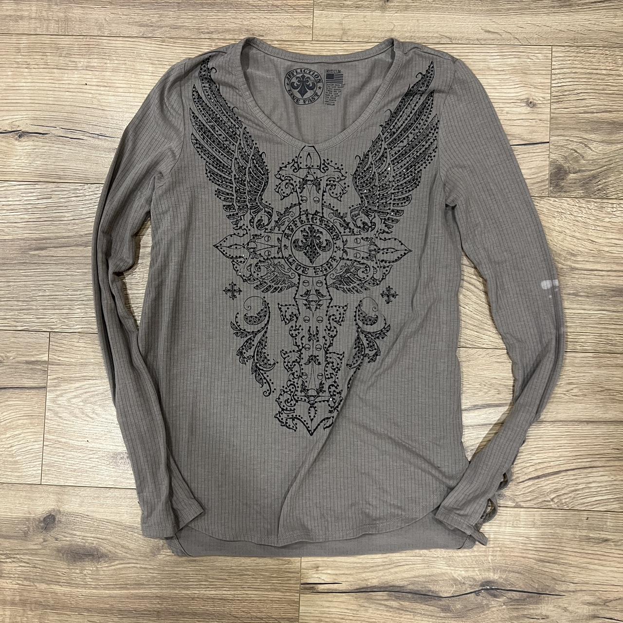 Affliction Top Womens Rhinestone Cross Wings Long... - Depop